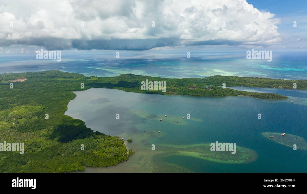 Top view of island with jungle and blue sea. Seascape in the tropics ...