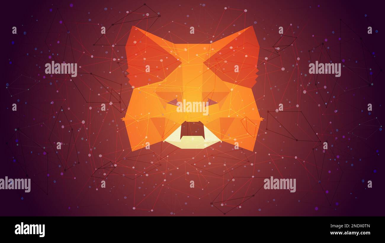 MetaMask logo sign on polygonal wireframe red background. Crypto wallet ...