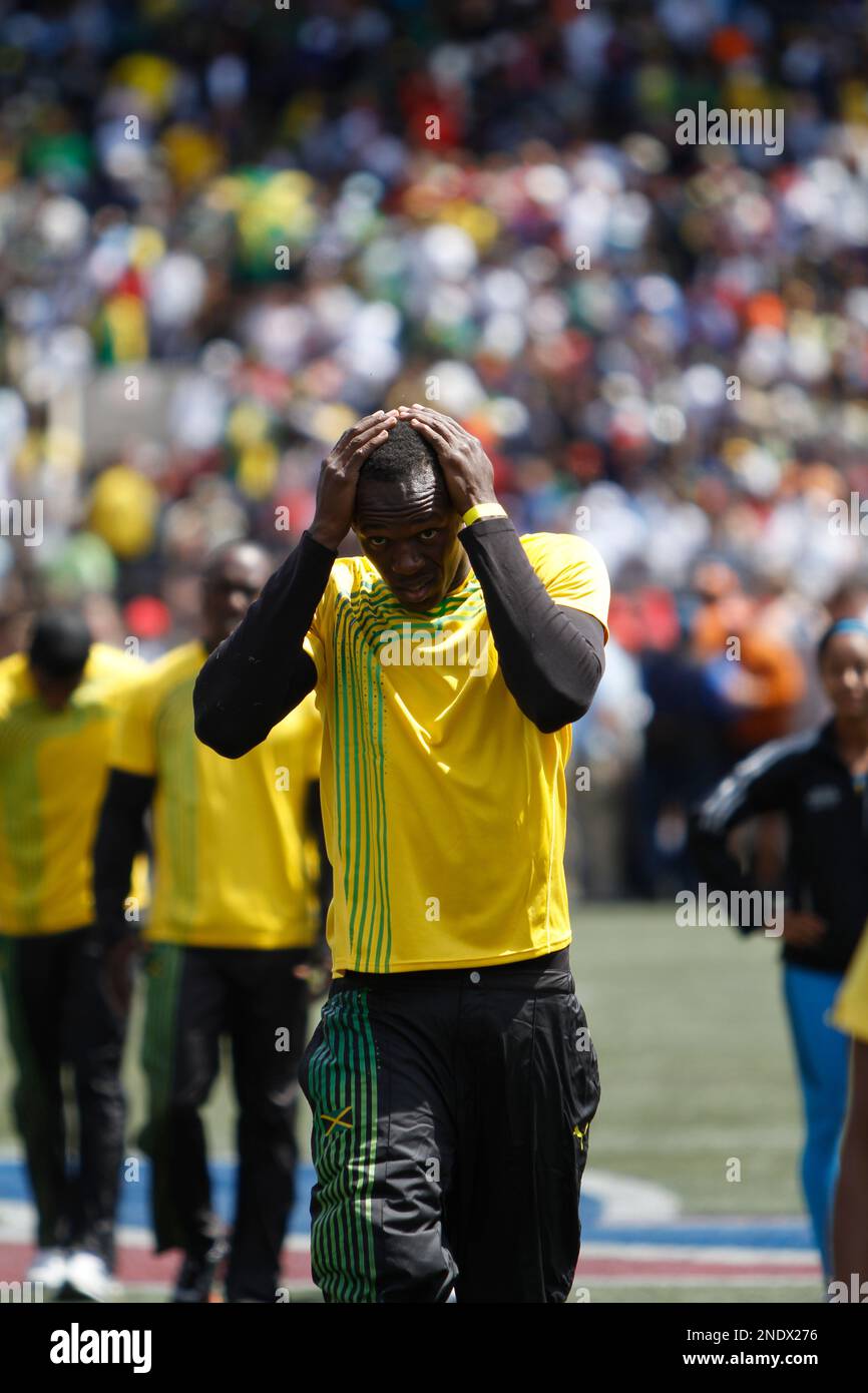 Jamaican sprinter Usain Bolt prepares to run at the Penn Relays ...