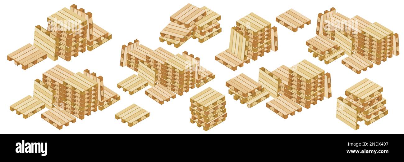 Big set of isometric warehouse pallets for packaging and transportation ...