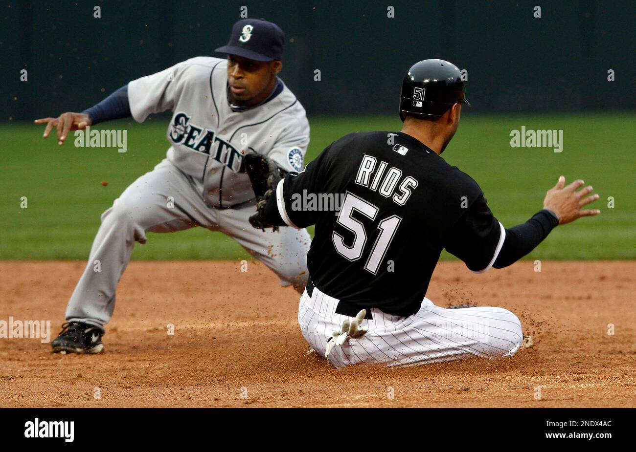 Chicago White Sox's Alex Rios, right, steals second base in the second ...