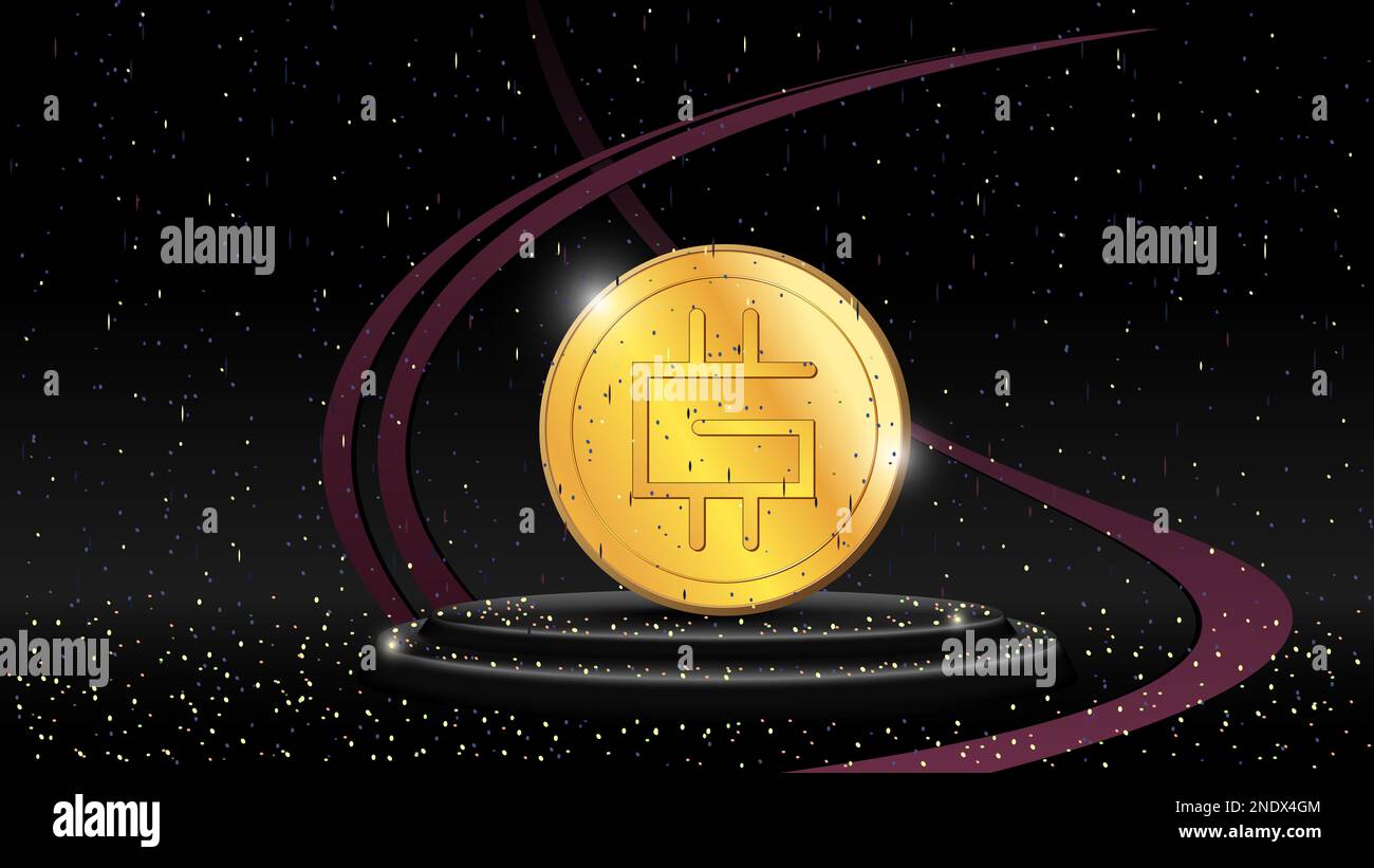 Stepn GMT golden coin in front view on pedestal with sequins on black ...