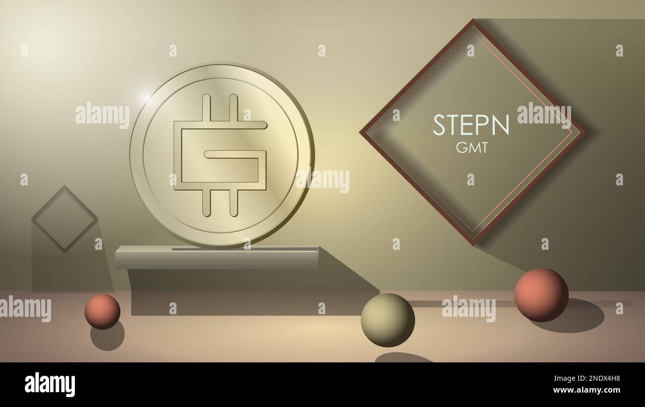 Stepn GMT coin in front view with balls on floor and frames on wall in ...