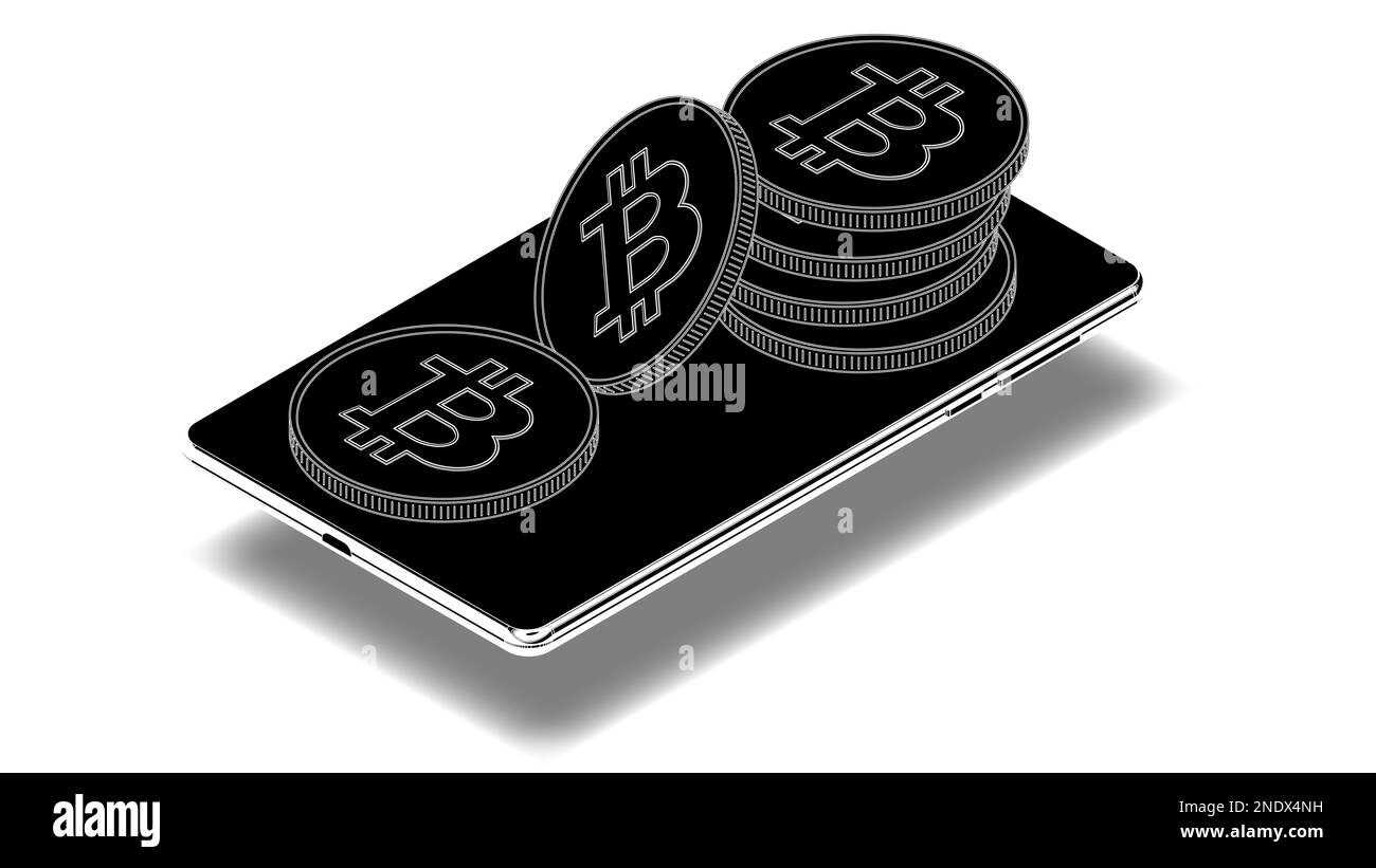 Isometric mobile phone silhouette with Bitcoin BTC coins isolated on ...