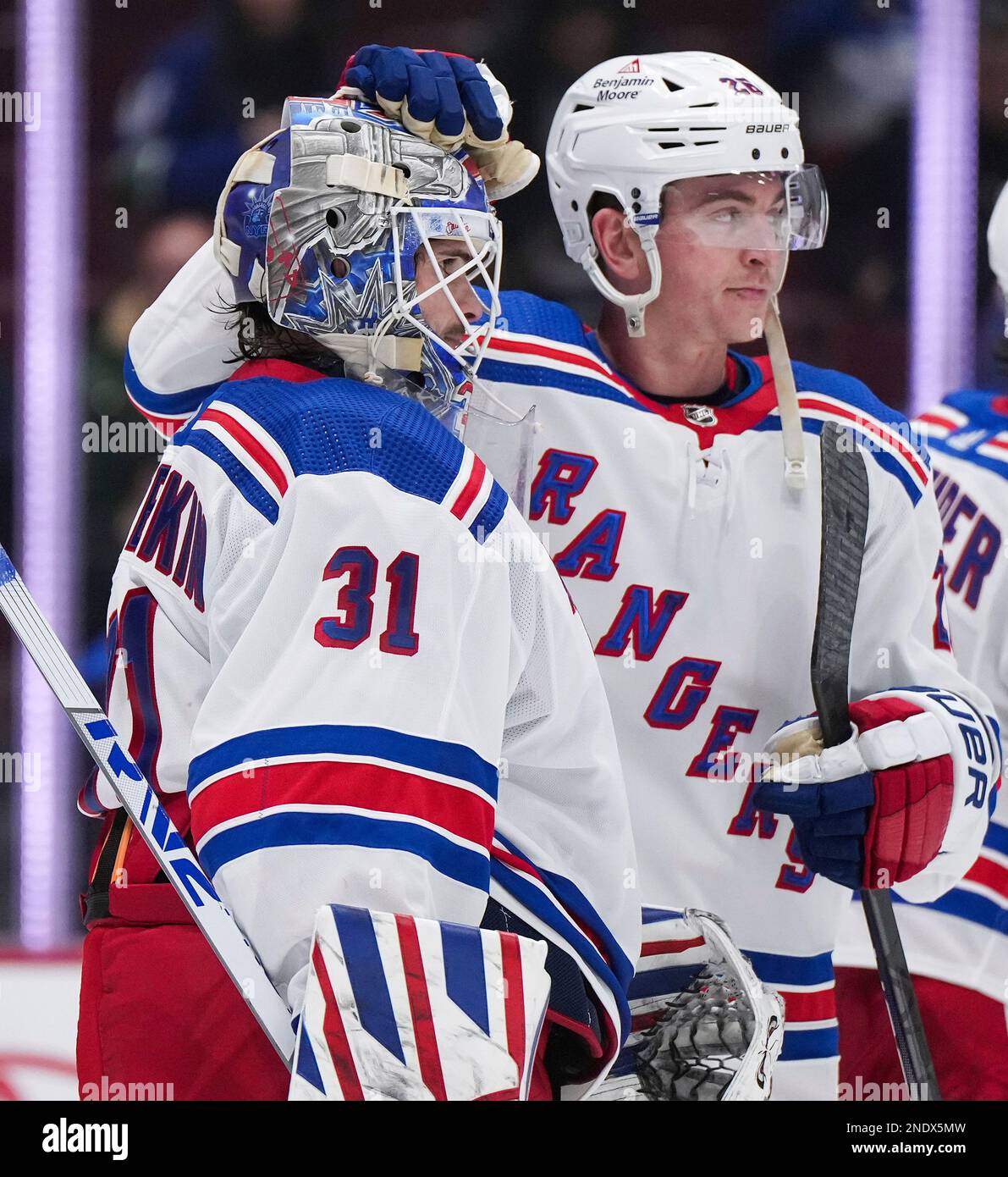 New York Rangers goalie Igor Shesterkin, left, and Jimmy Vesey ...