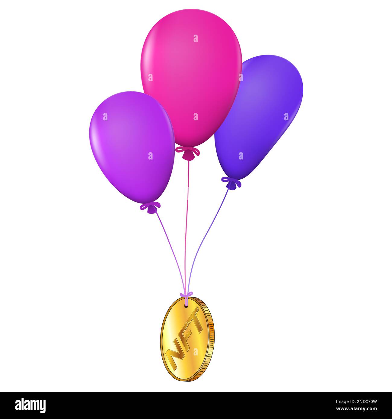 Golden coin NFT non fungible token on bunch of balloons isolated on ...