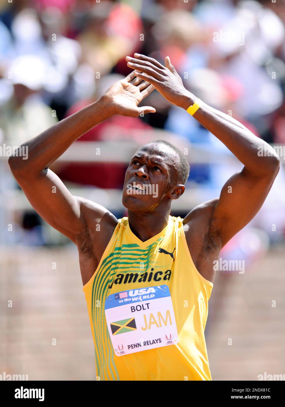 Jamaican sprinter Usain Bolt celebrates with the crowd after his team ...