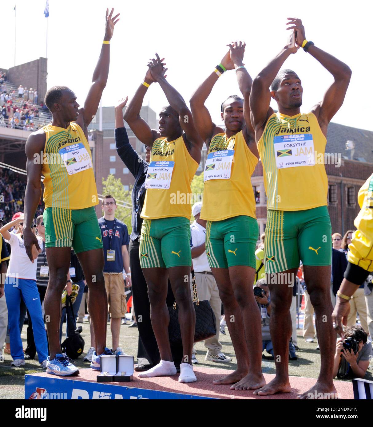 Jamaica's, from left, Usain Bolt, Marvin Anderson, Yohan Blake and ...