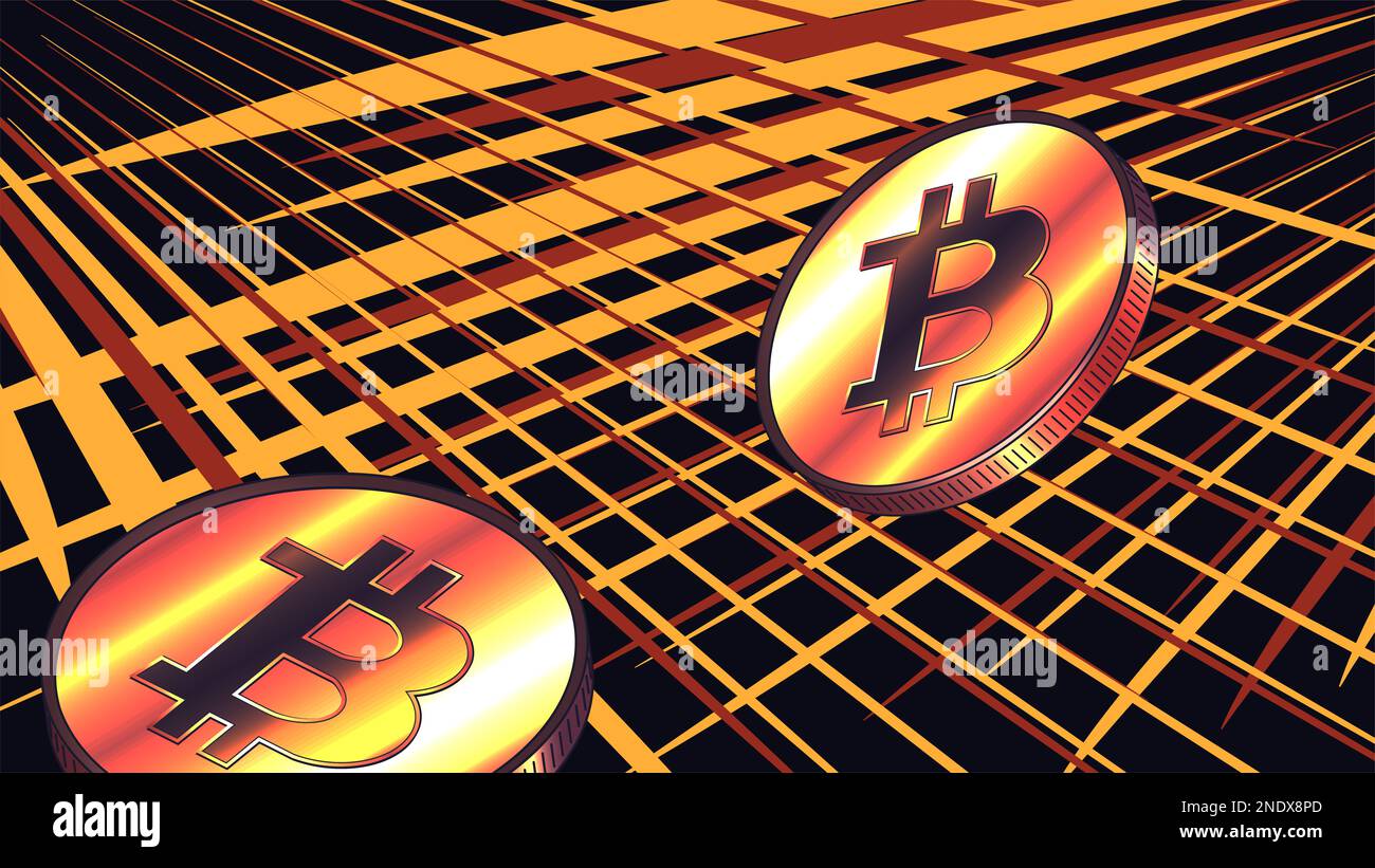 Bitcoin BTC coins on grid from lines on dark background. BTC symbol of ...