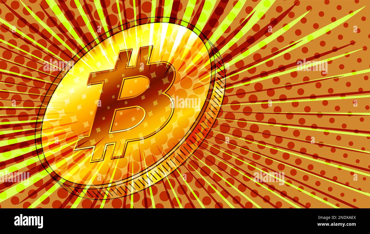 Golden coin Bitcoin BTC styled for the 80s retro with rays in orange ...