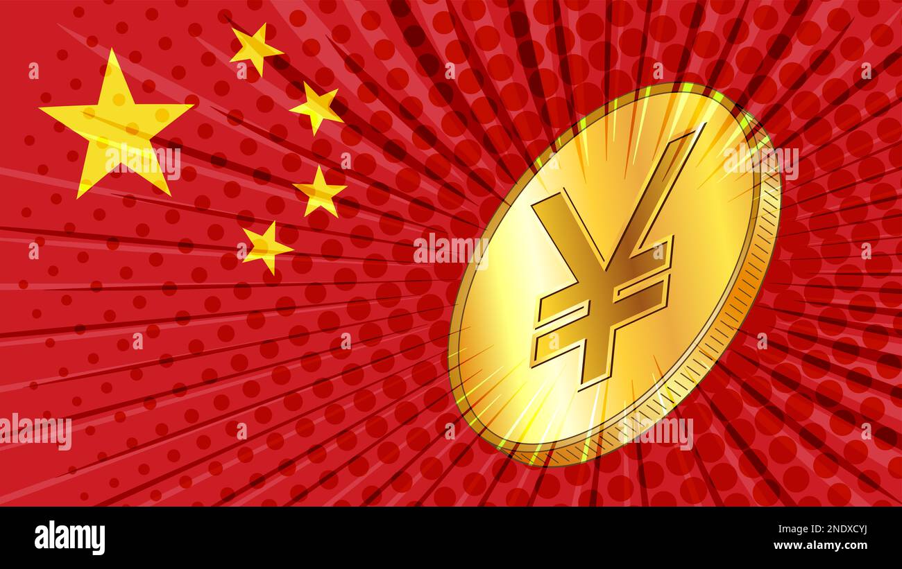 Gold coin with Chinese currency Yuan CNY sign and the red flag of China. China has created a ...