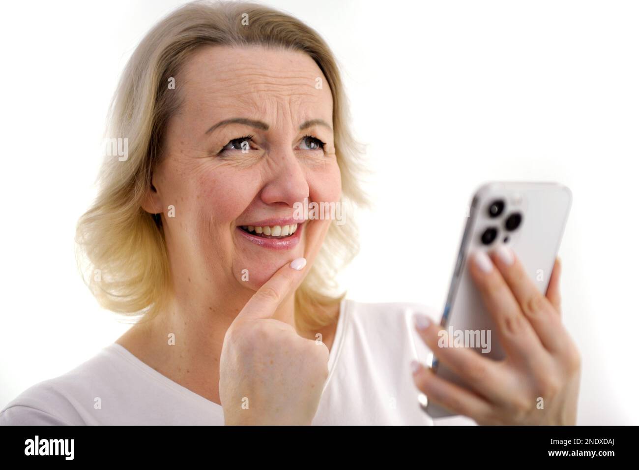 comic photo woman opened eyes wide pressed lips grimaced funny face she ...