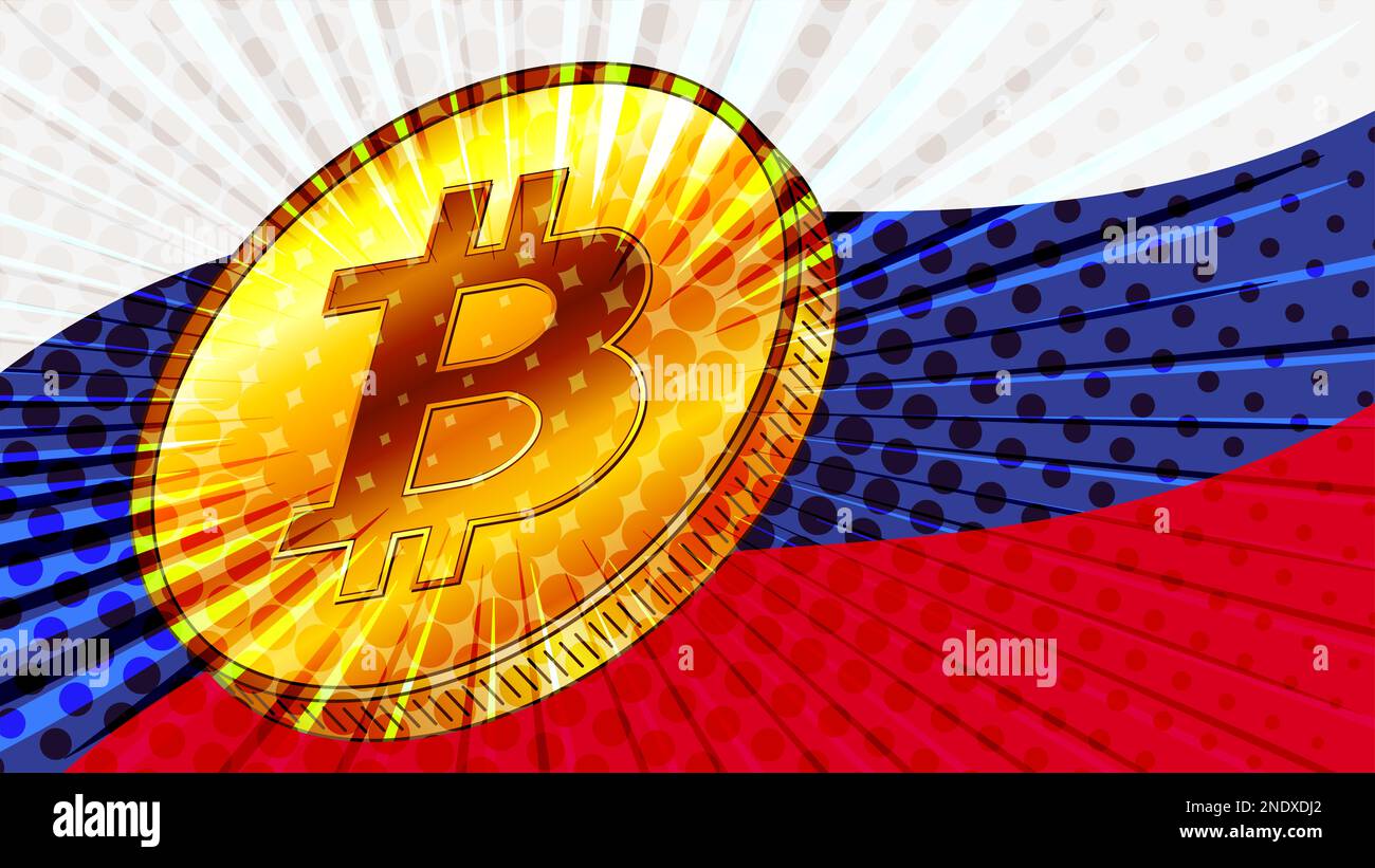 Gold coin of Bitcoin BTC and colored flag of Russia on background ...