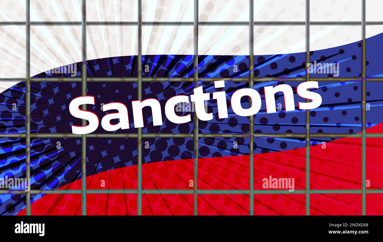 Flag of Russia behind prison bars and word Sanctions. Global ...
