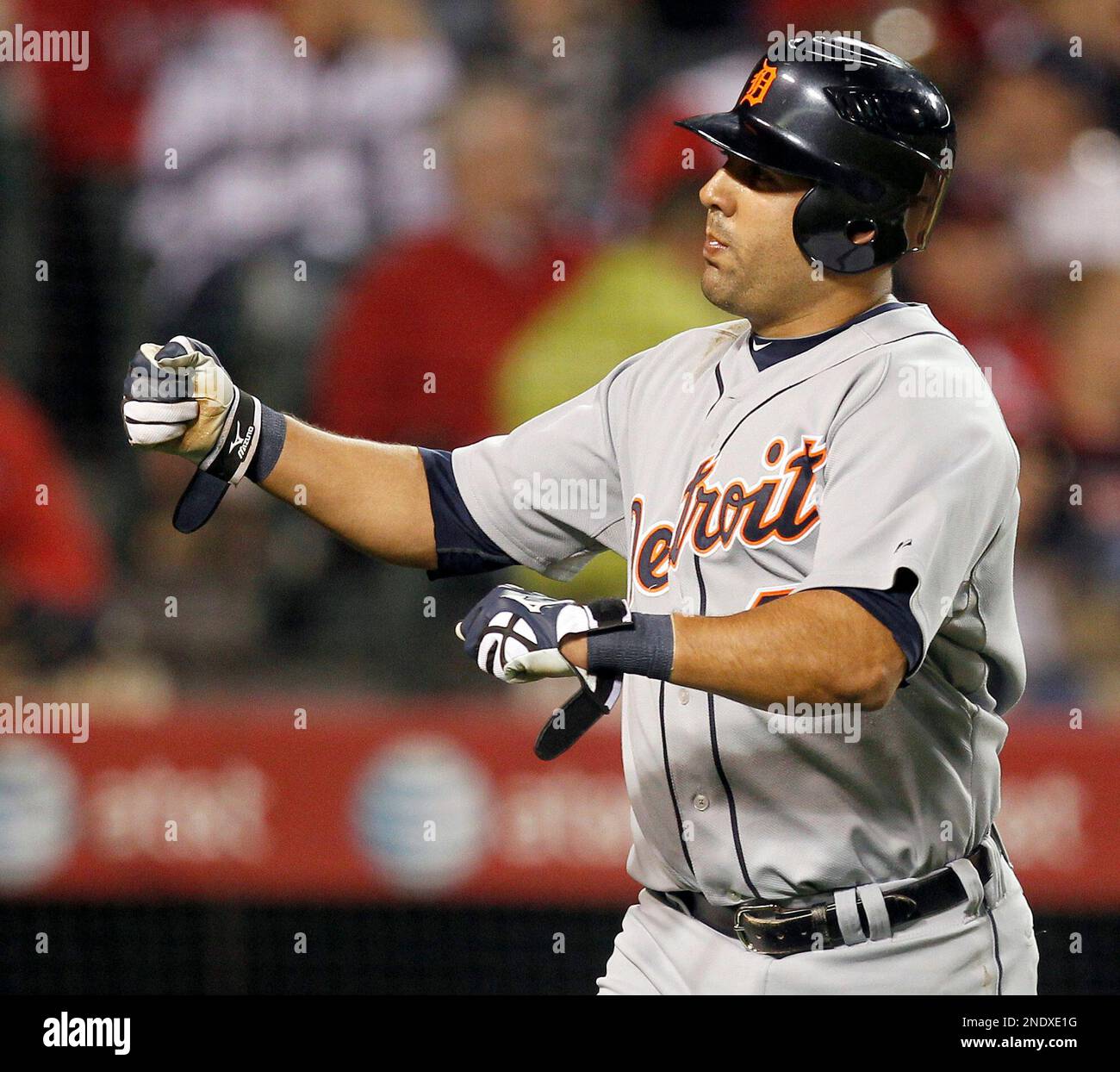 Detroit Tigers catcher Gerald Laird celebrates after scoring on a ...