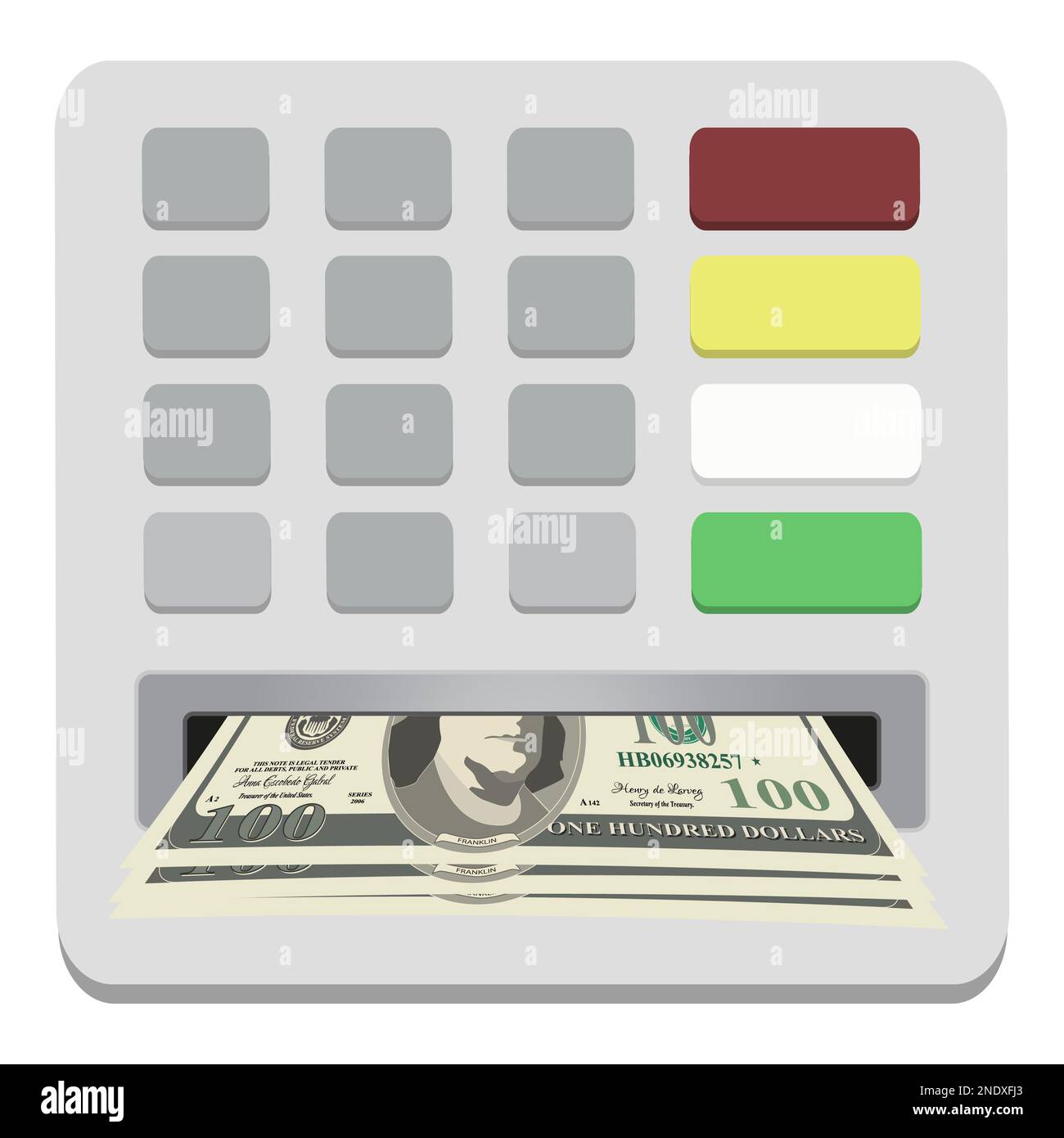 Cash dollars in slot of ATM machine with keypad isolated on white ...