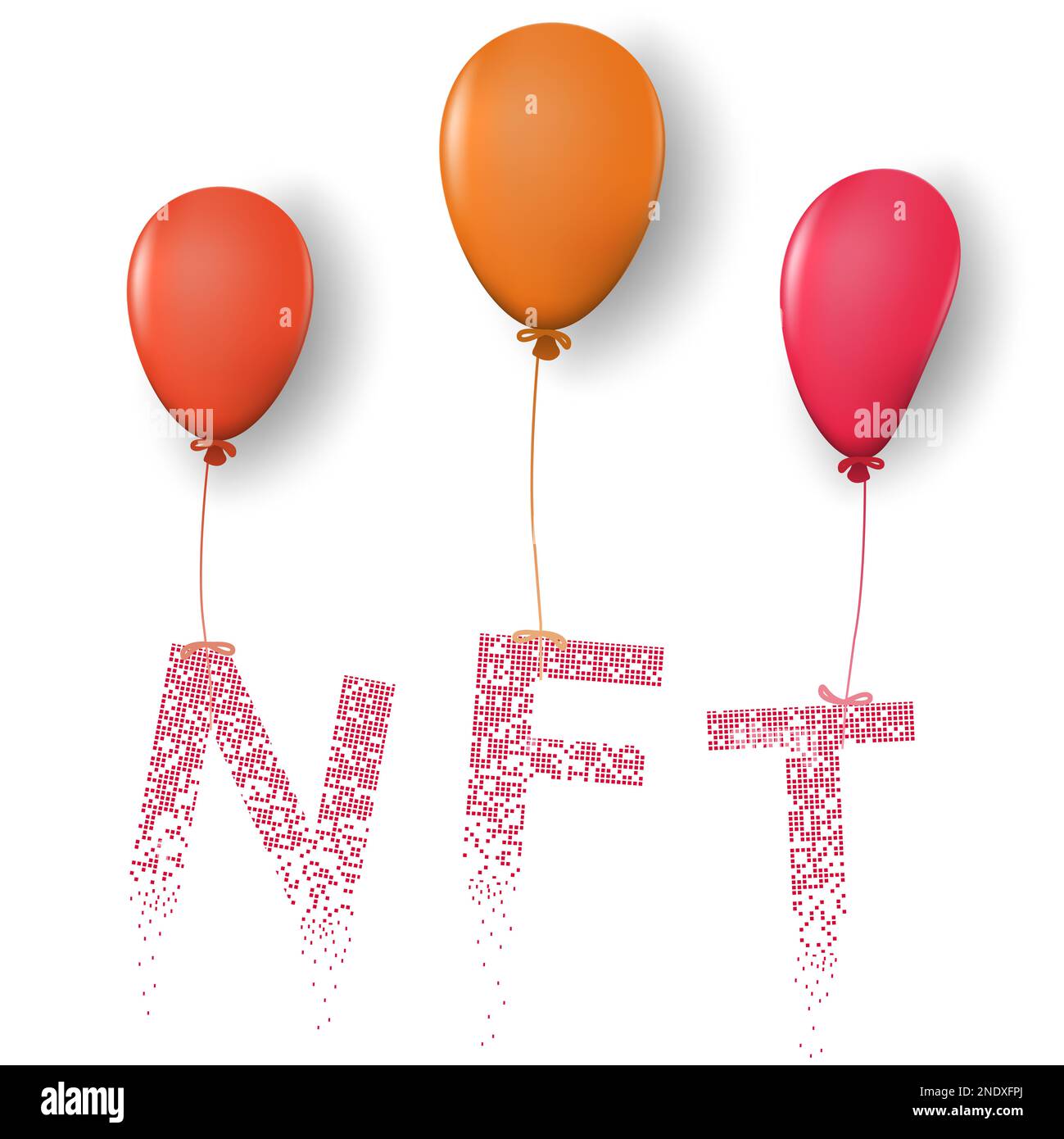 Word NFT non fungible token tied to colored balloons with shadow ...