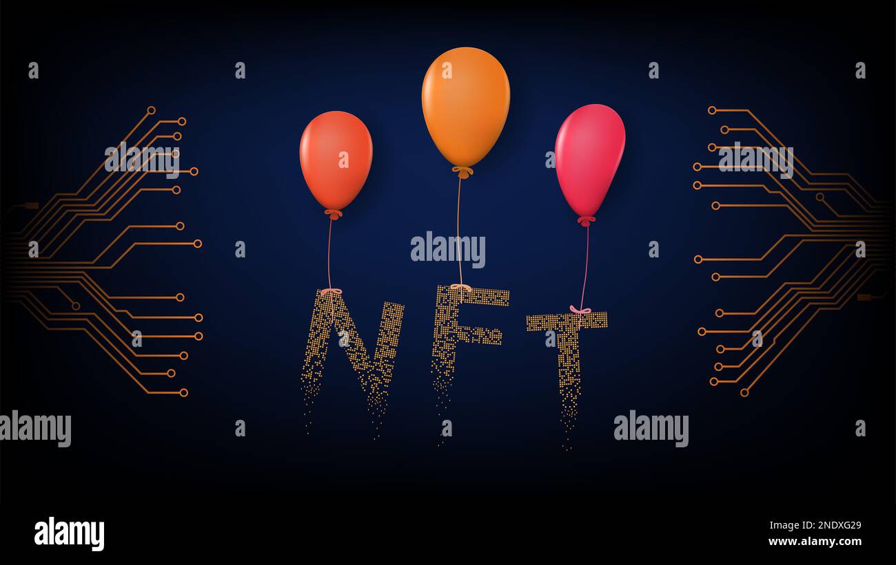 Word NFT non fungible token flies on colored balloons and PCB tracks on ...