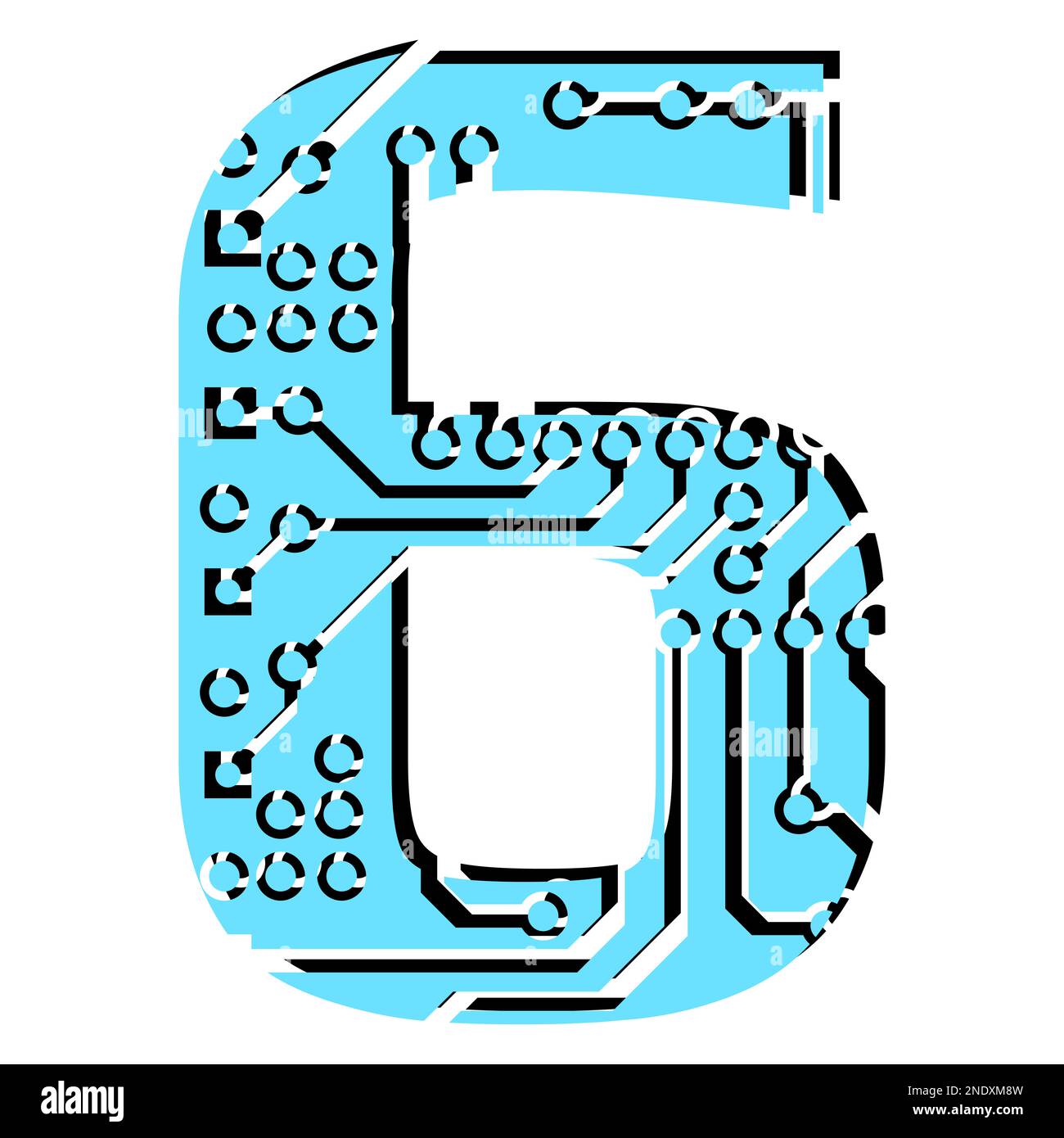Digit 6 perforated with PCB circuit board tracks isolated on white ...