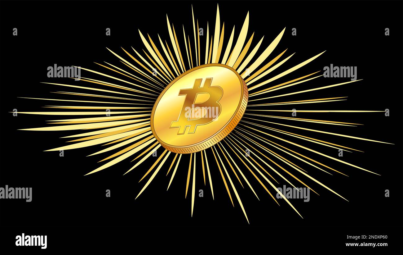 Golden coin Bitcoin BTC with rays isolated on black background. BTC ...