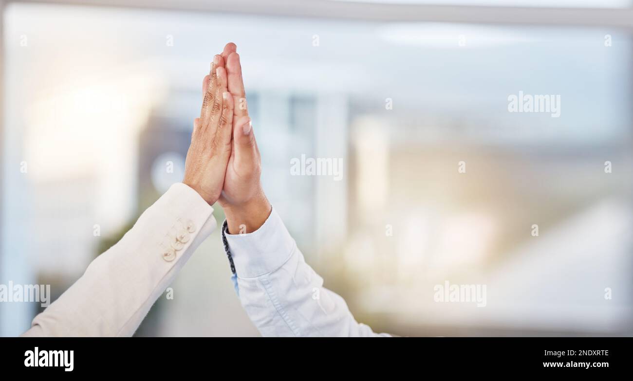 Hands, high five and team unity for winning, victory or collaboration ...