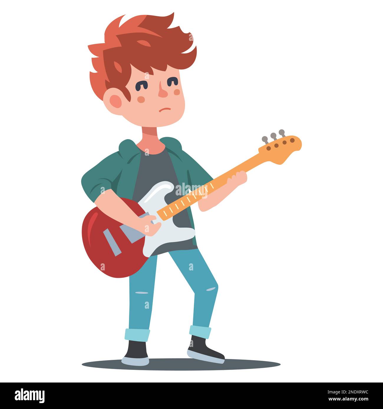 young cute boy with guitar learns to play. young rocker. flat vector ...