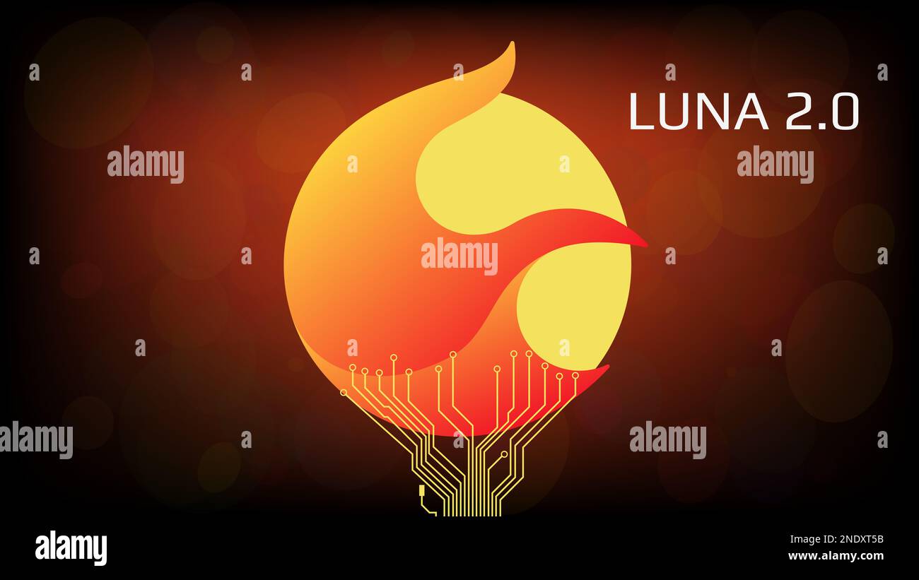Resurrection Terra LUNA 2.0 token symbol on pedestal of PCB on dark red ...