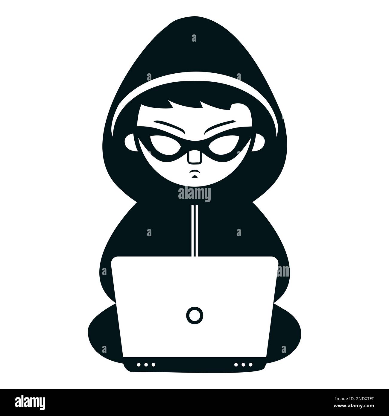 black icon of a hacker in a mask with a laptop. flat vector ...