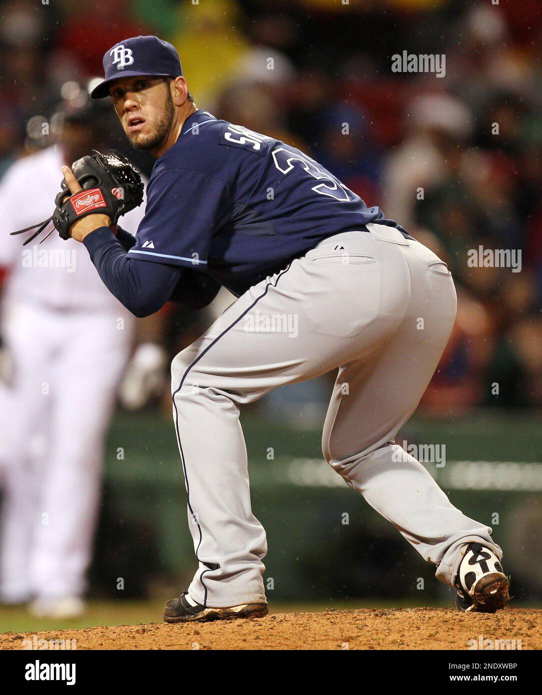 Tampa Bay Rays starting pitcher James Shields looks over to first ...