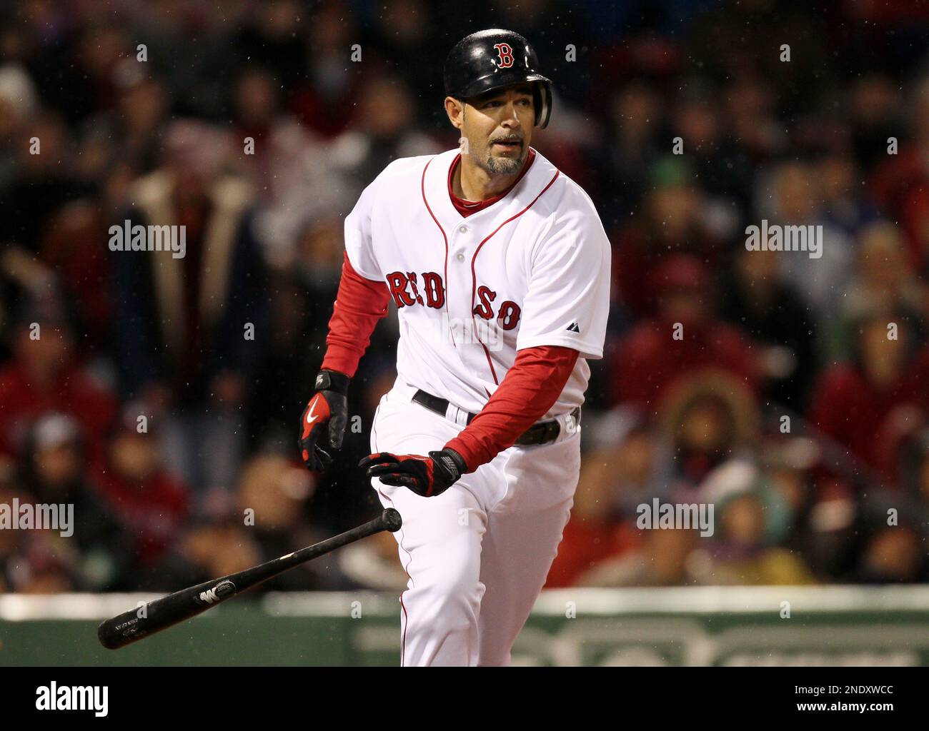 Boston Red Sox's Mike Lowell watches a hit against the Tampa Bay Rays ...