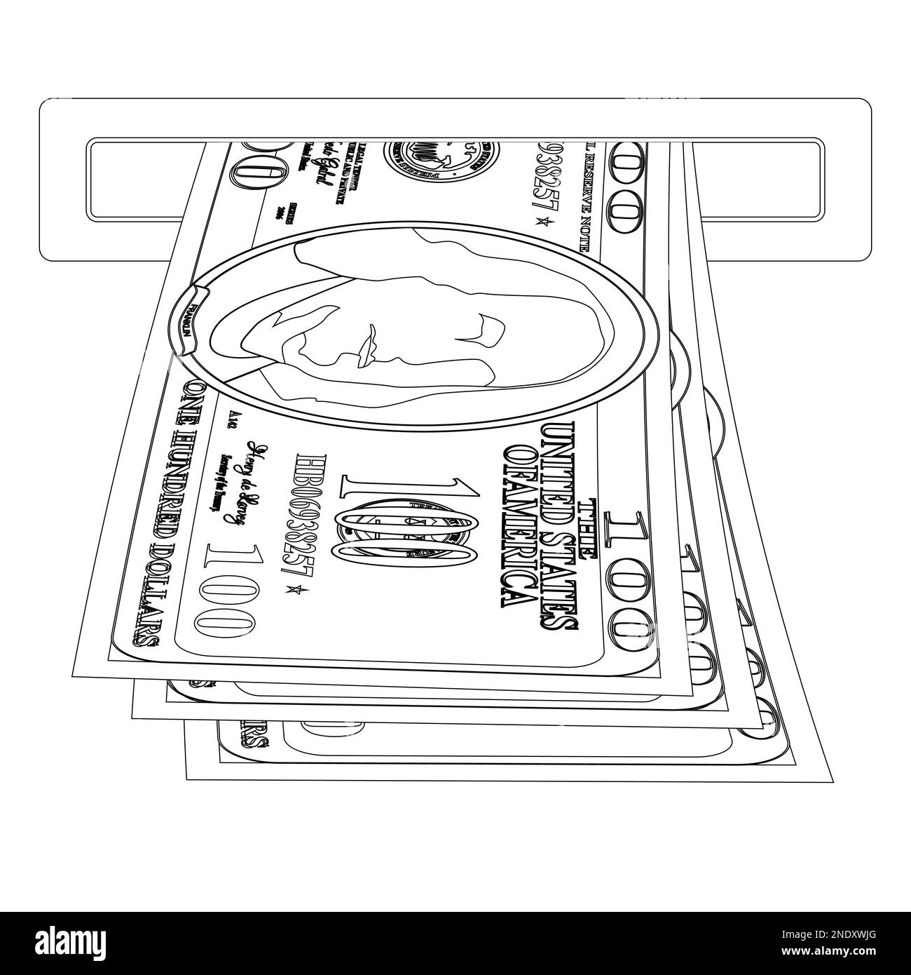 Outline Cash Dollars In Slot Of ATM Machine Isolated On White Outline Cash Dollars In Slot Of ATM Machine Isolated On White