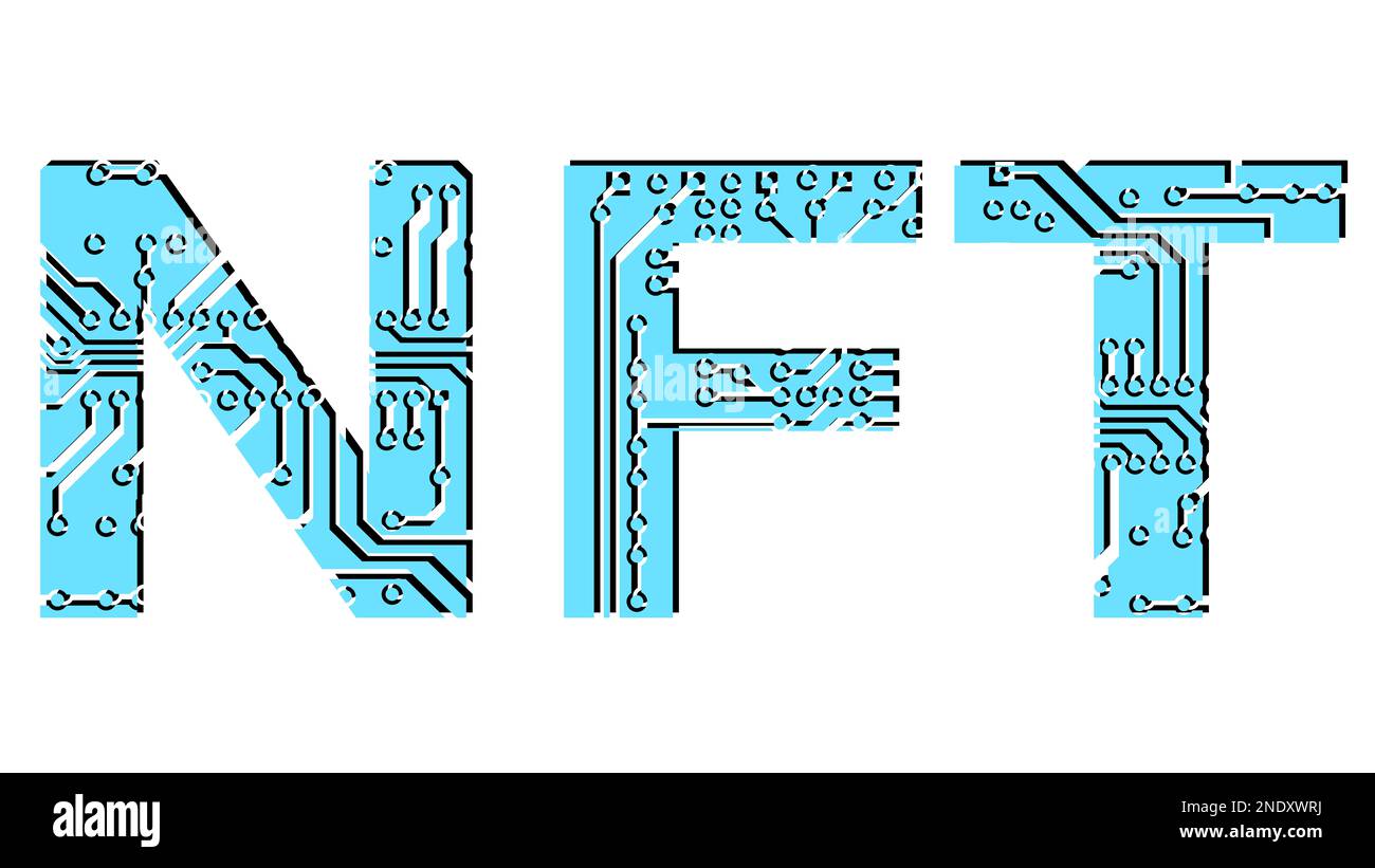 Colored word NFT non fungible tokens perforated with PCB circuit board ...