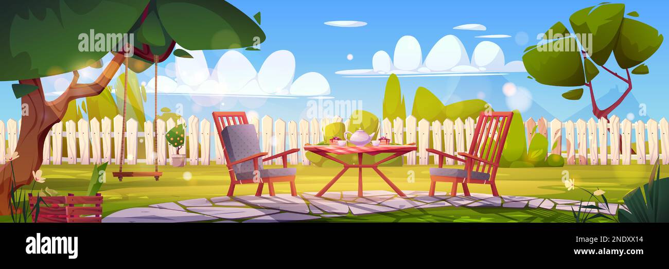 Breakfast on house backyard with table and chair on green grass, tree ...