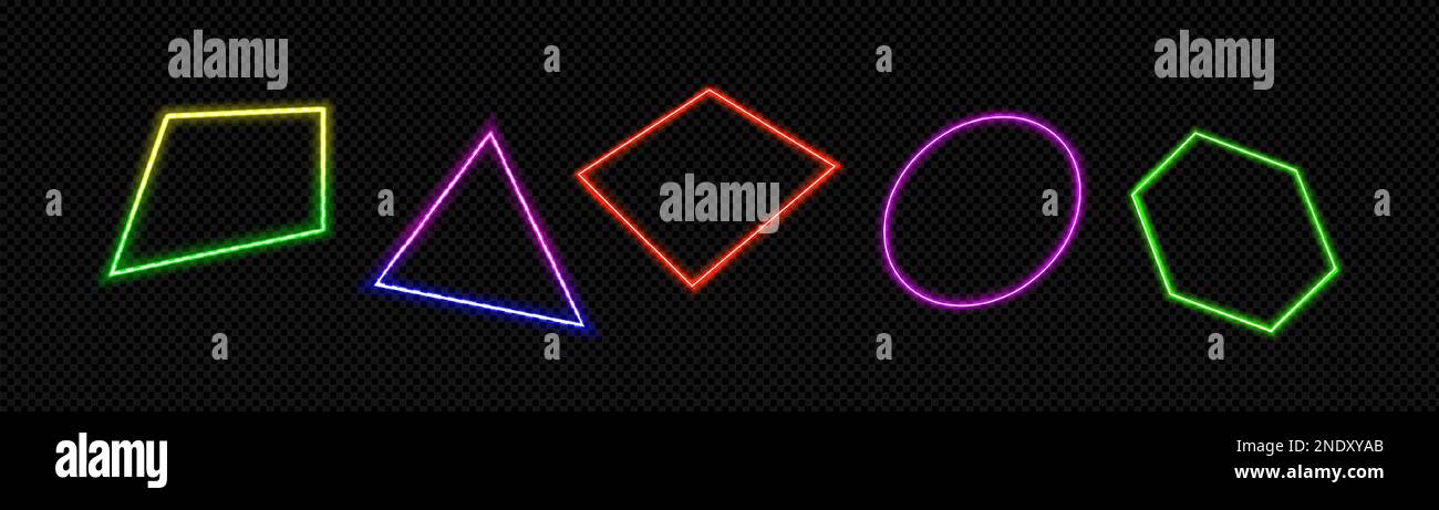 Set of neon light geometric figures glowing isolated on transparent background. Vector realistic ...