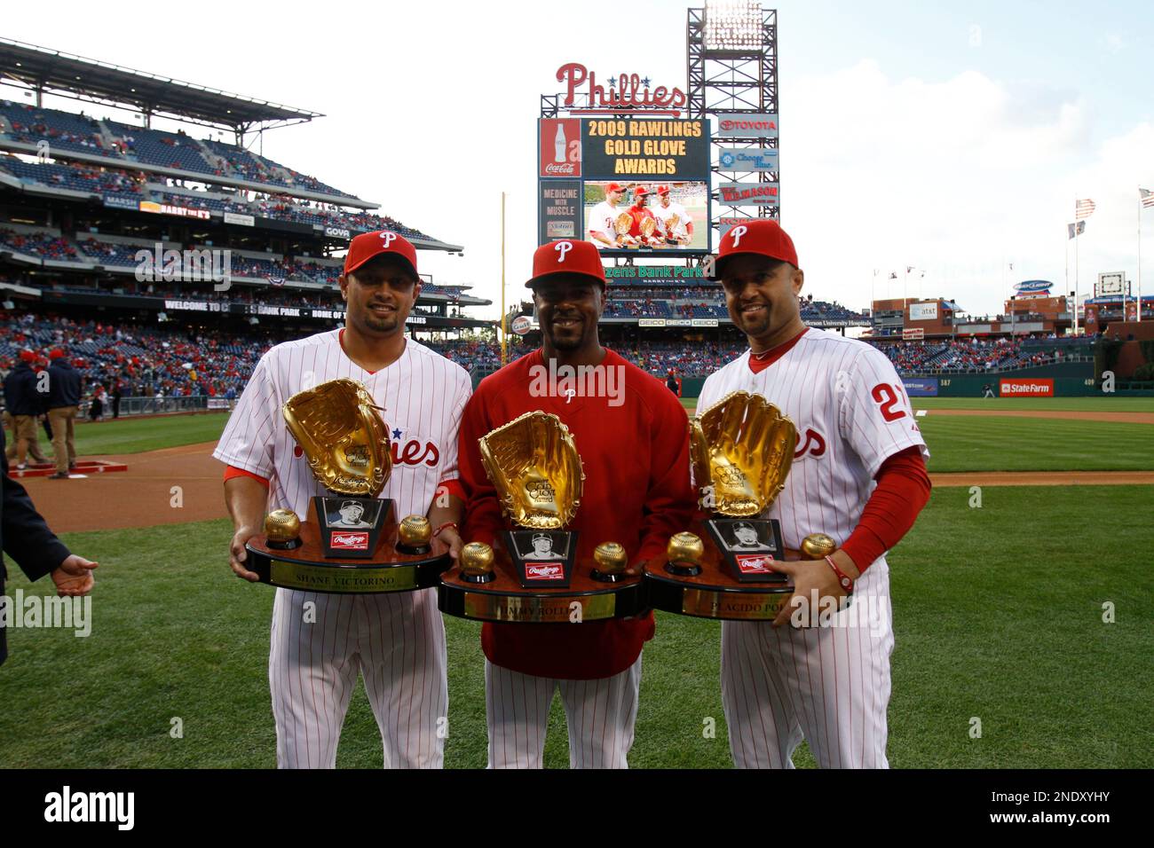 Philadelphia Phillies' Shane Victorino, from left, Jimmy Rollins and ...