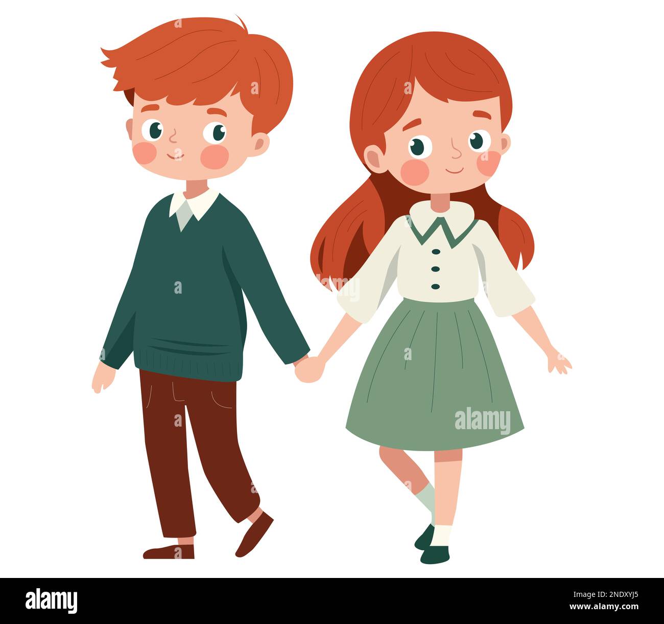 cute young characters boy and girl go hand in hand on the first date ...