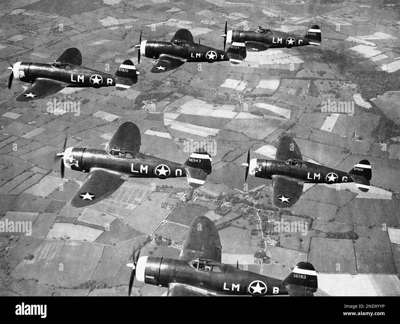 An echelon formation of American P-47 Thunderbolts in flight somewhere ...
