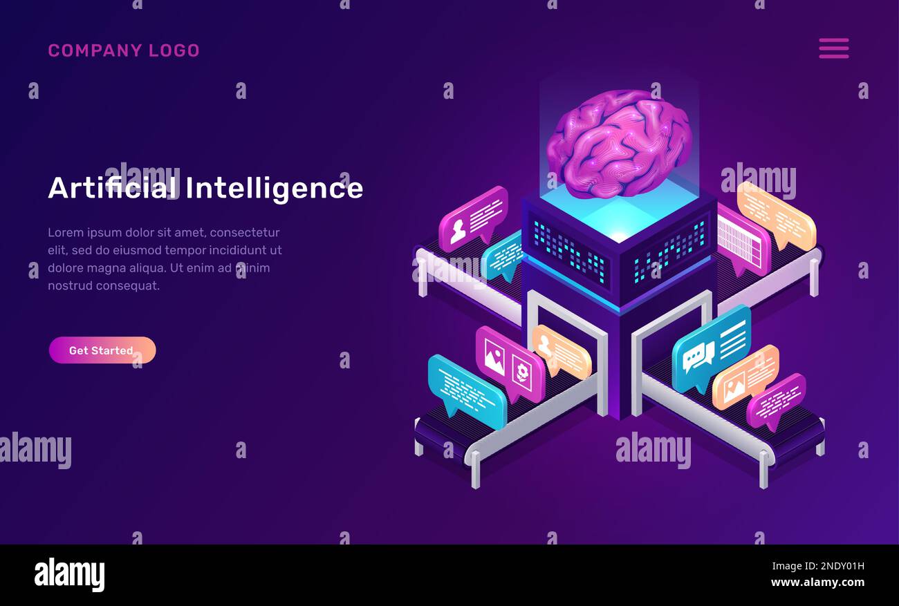 Artificial intelligence or ai isometric concept vector illustration. Virtual human brain over ...