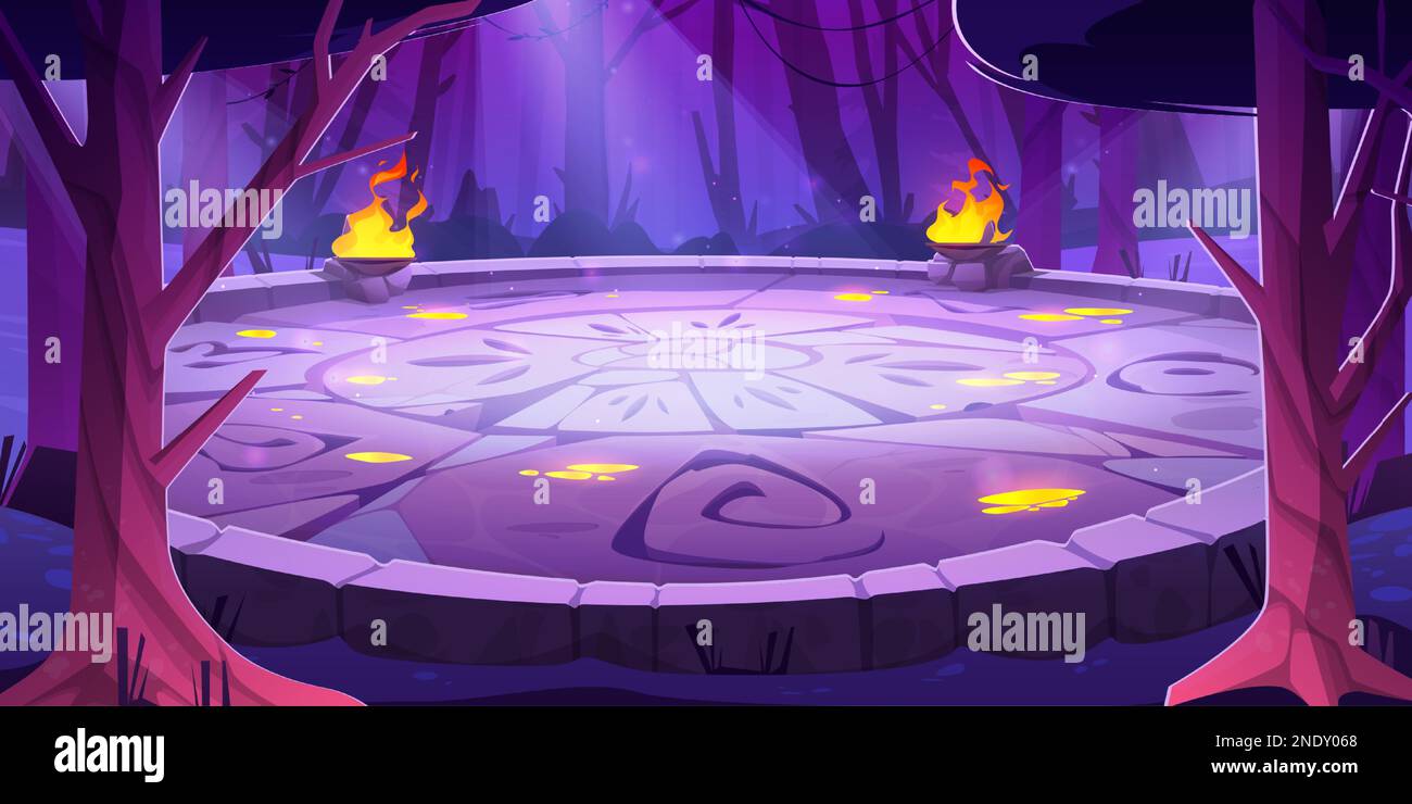 Stone battle arena with runes at night in magic dark forest cartoon ...