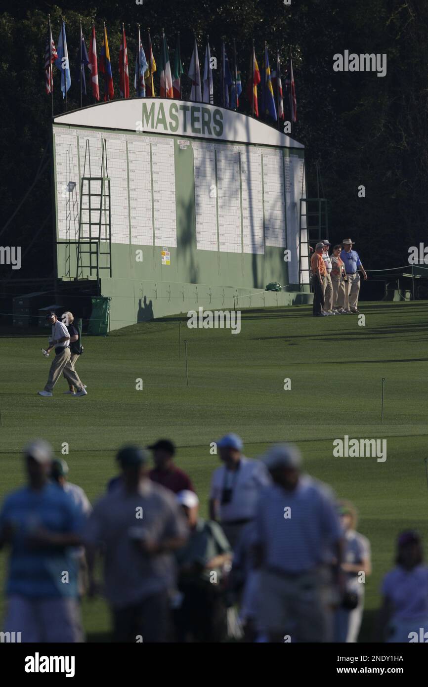 The Masters leaderboard is seen during a practice round for the Masters ...