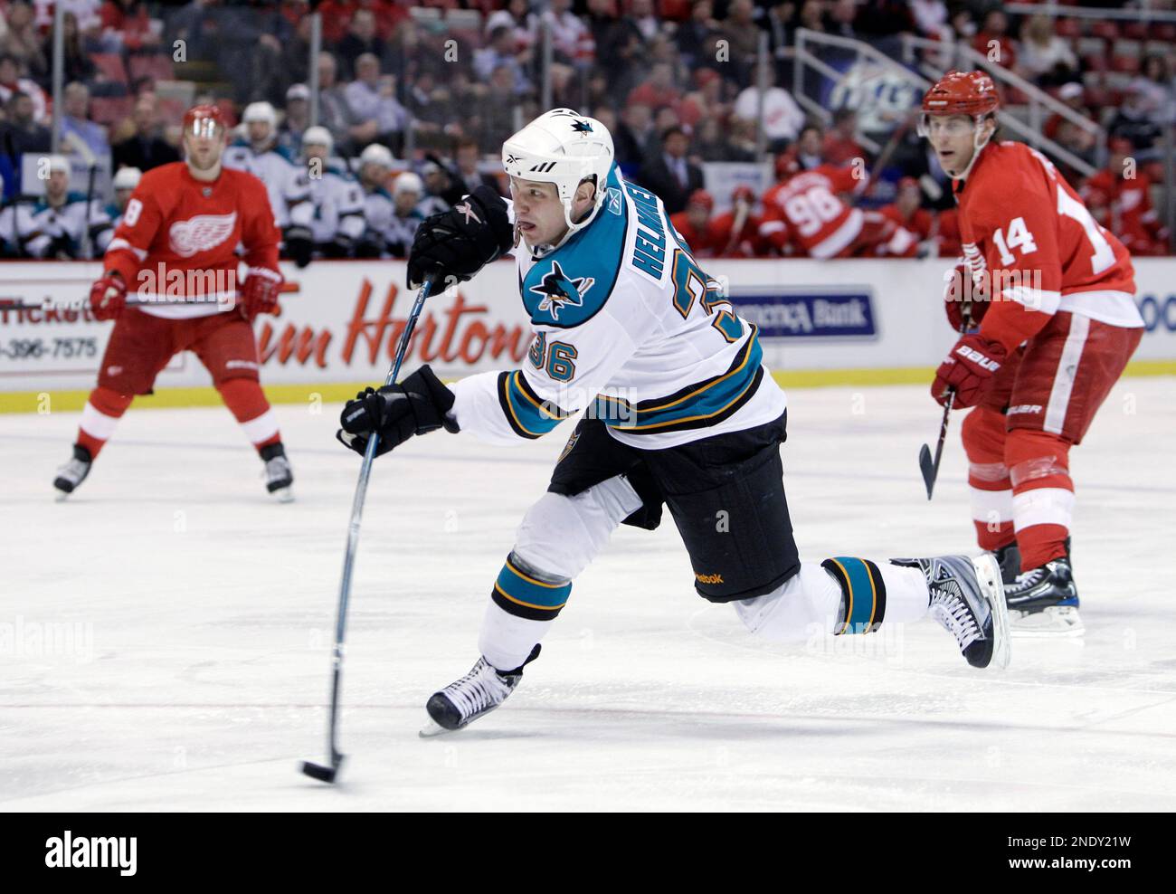 San Jose Sharks' Dwight Helminen shoots against the Detroit Red Wings ...