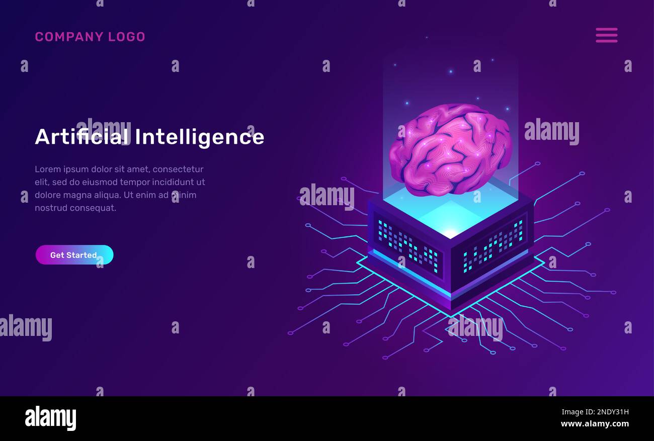 Artificial intelligence or ai isometric concept vector illustration. Virtual human brain over ...