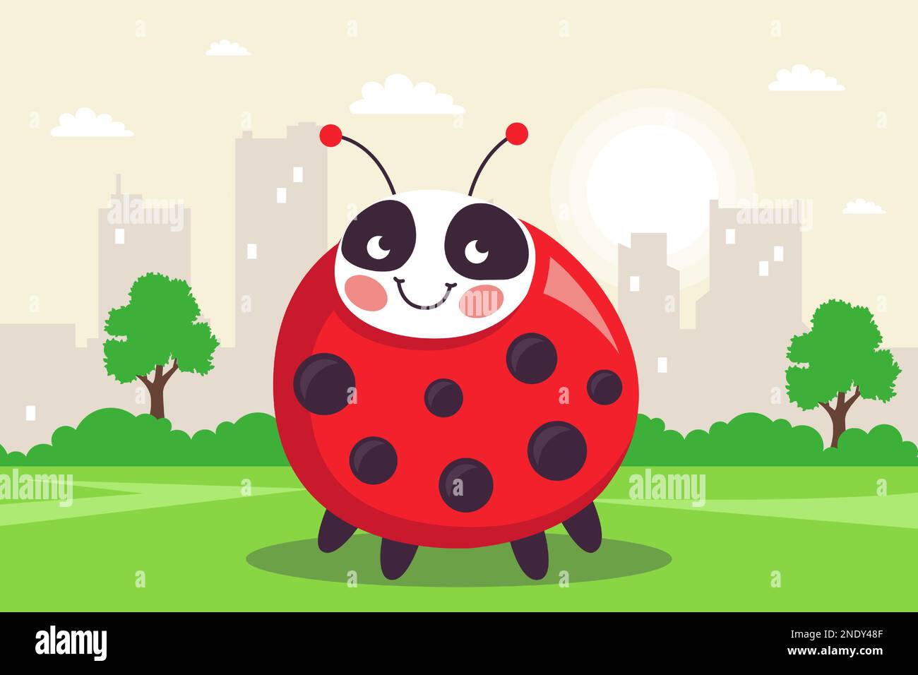 ladybug character sits on a green meadow. insect in nature. flat vector ...