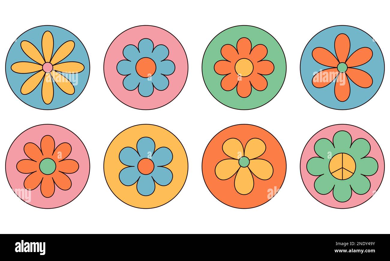 Groovy hippie flower stickers. Sticker pack of flowers in trendy retro ...