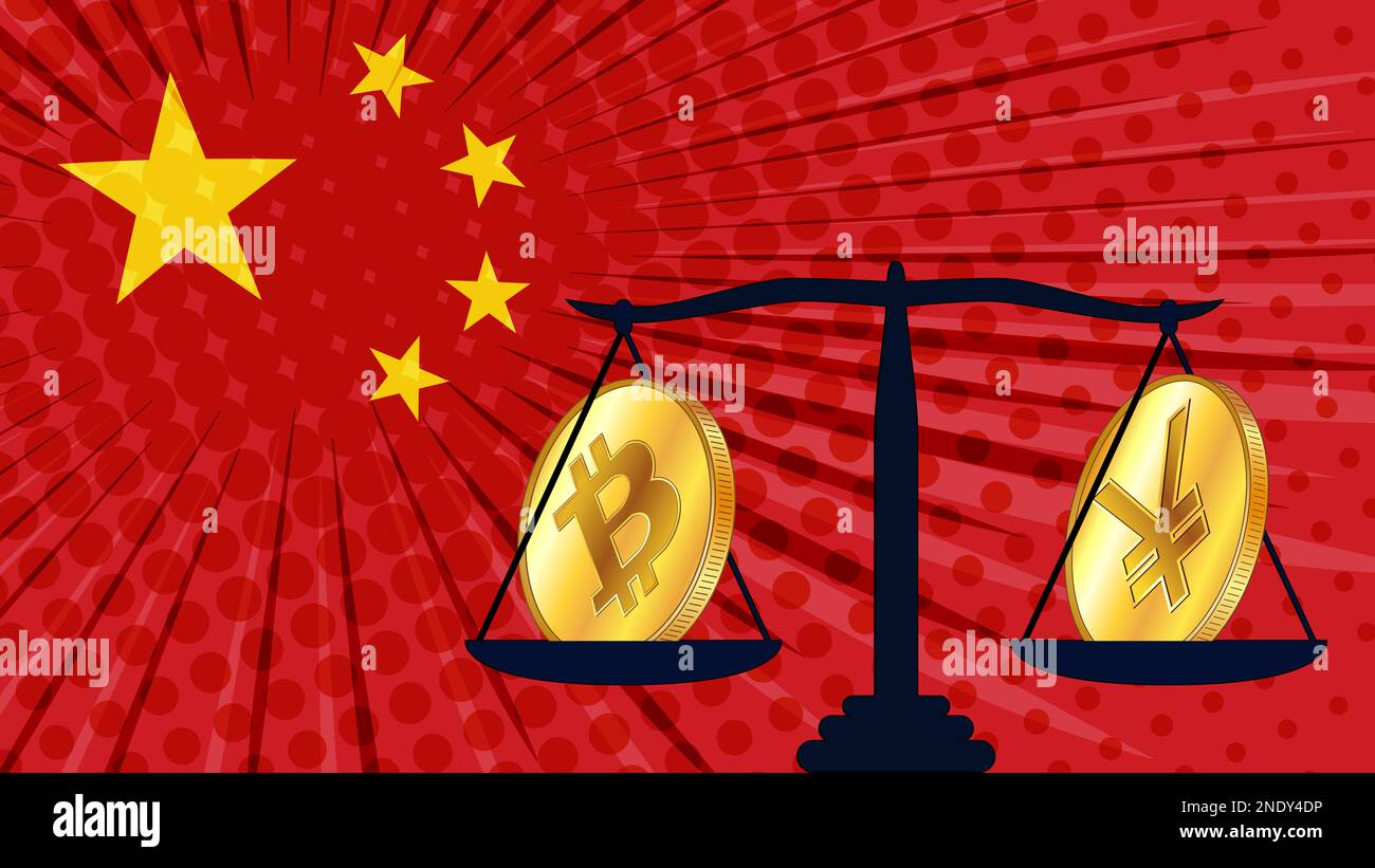 Gold coin of Bitcoin BTC and chinese currency Yuan CNY on scales with ...