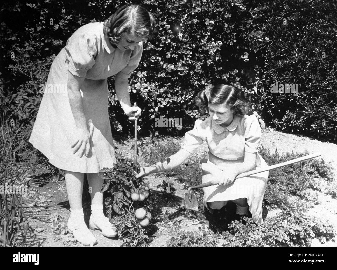 Princess Elizabeth, left, and Princess Margaret Rose inspect tomatoes ...
