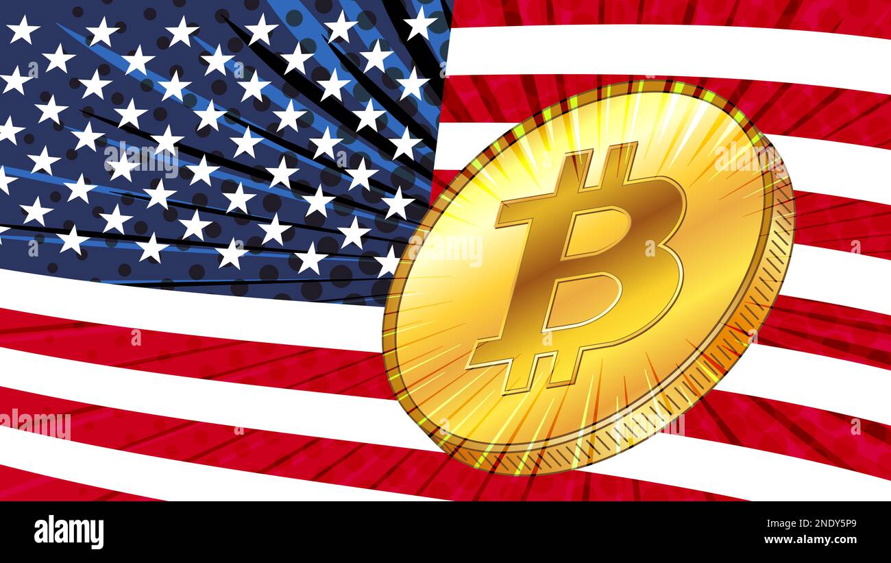 Gold coin of bitcoin on background of american flag with stars in color ...