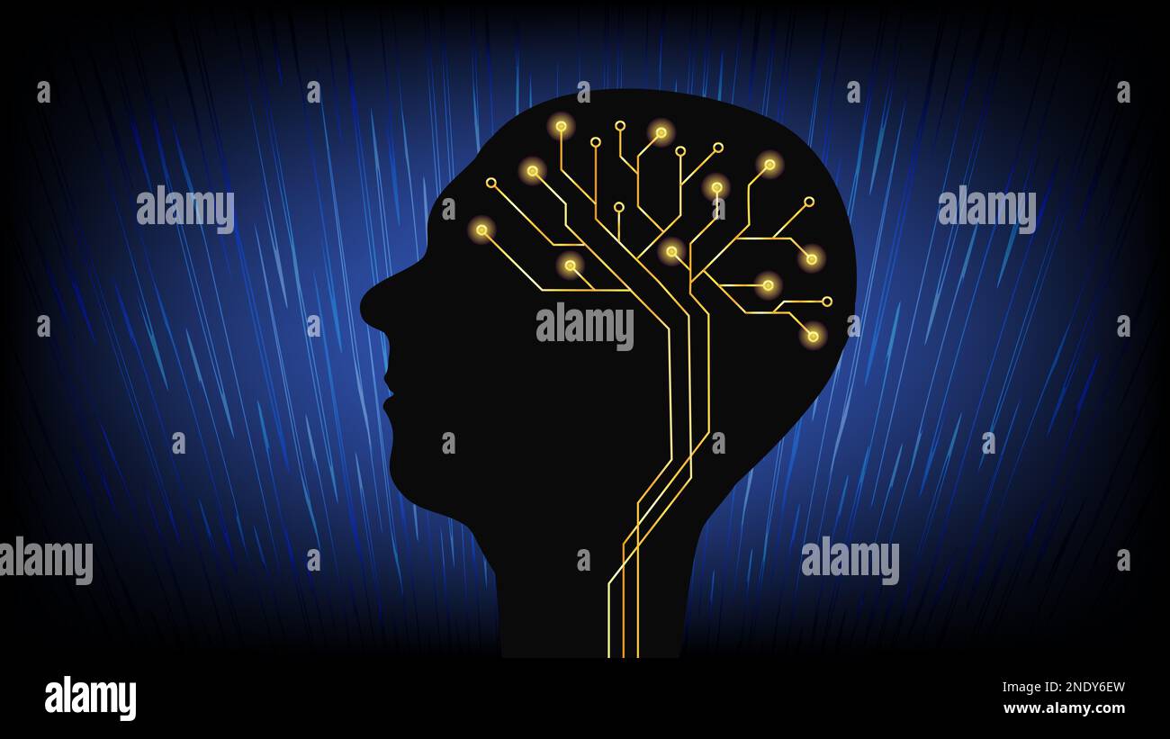 Silhouette of human head in profile with brain made of circuit board tracks on dark blue ...