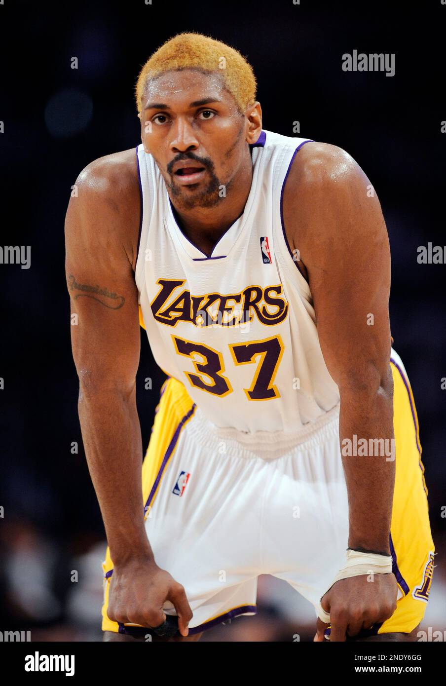 Los Angeles Lakers forward Ron Artest looks on during the second half ...
