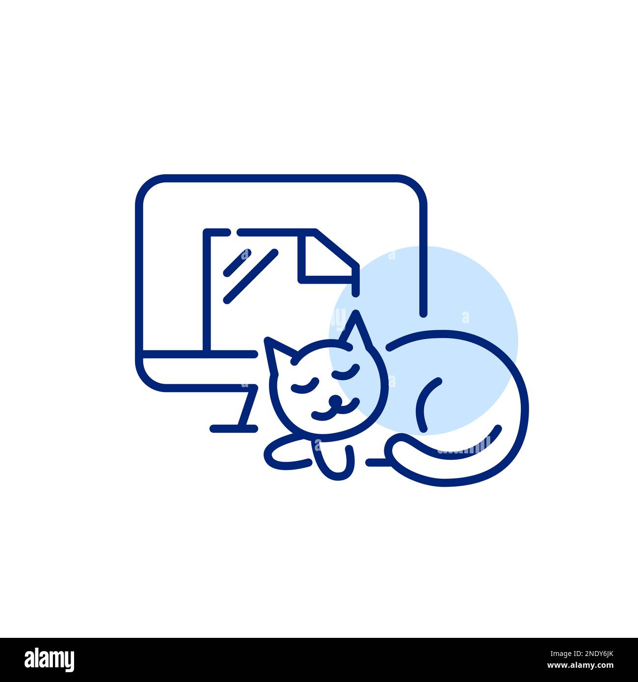 Working from home. Cat lying next to desktop PC monitor. Pixel perfect, editable stroke line ...